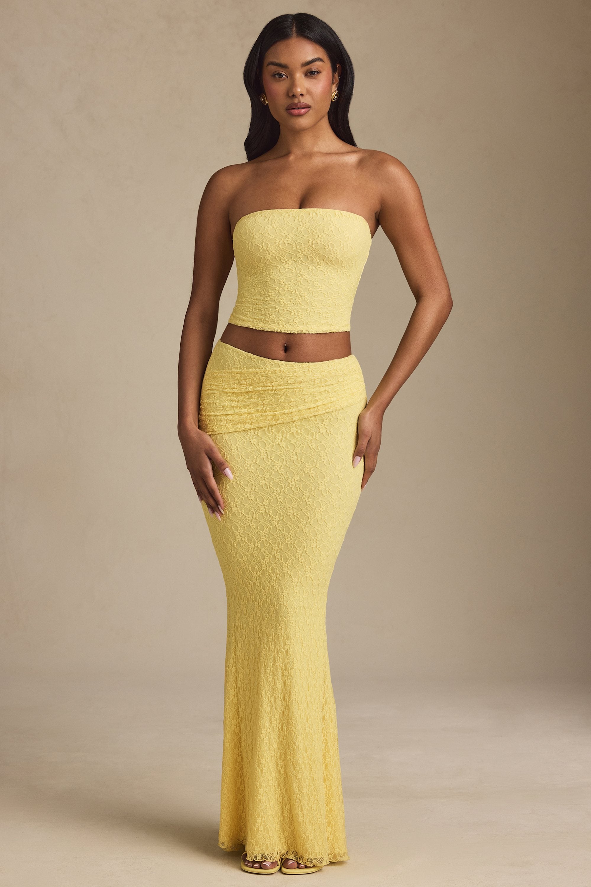 Vanda Draped Low-Rise Lace Maxi Skirt in Pastel Yellow | Oh Polly