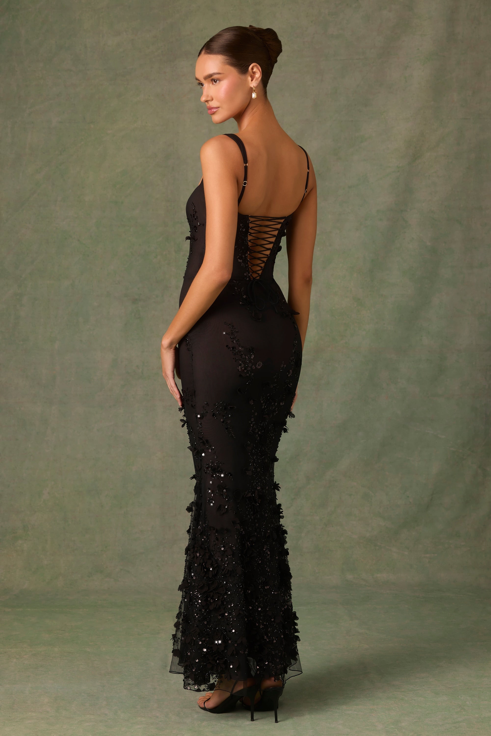 Vasanta Embellished Fishtail Corset Gown in Black | Oh Polly