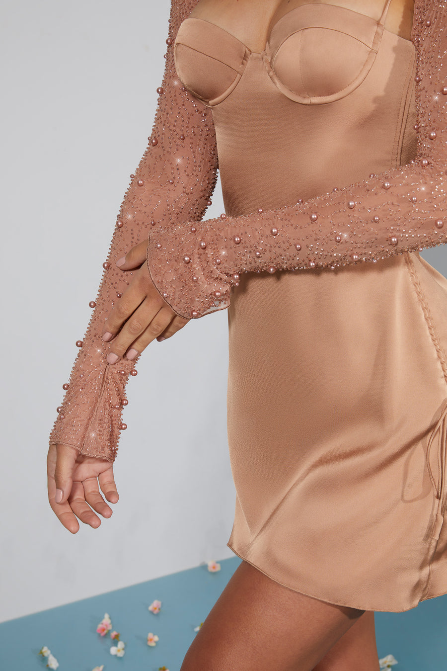 Geneva Long Sleeve Embellished A-line Mini Dress in Beige | Oh Polly
